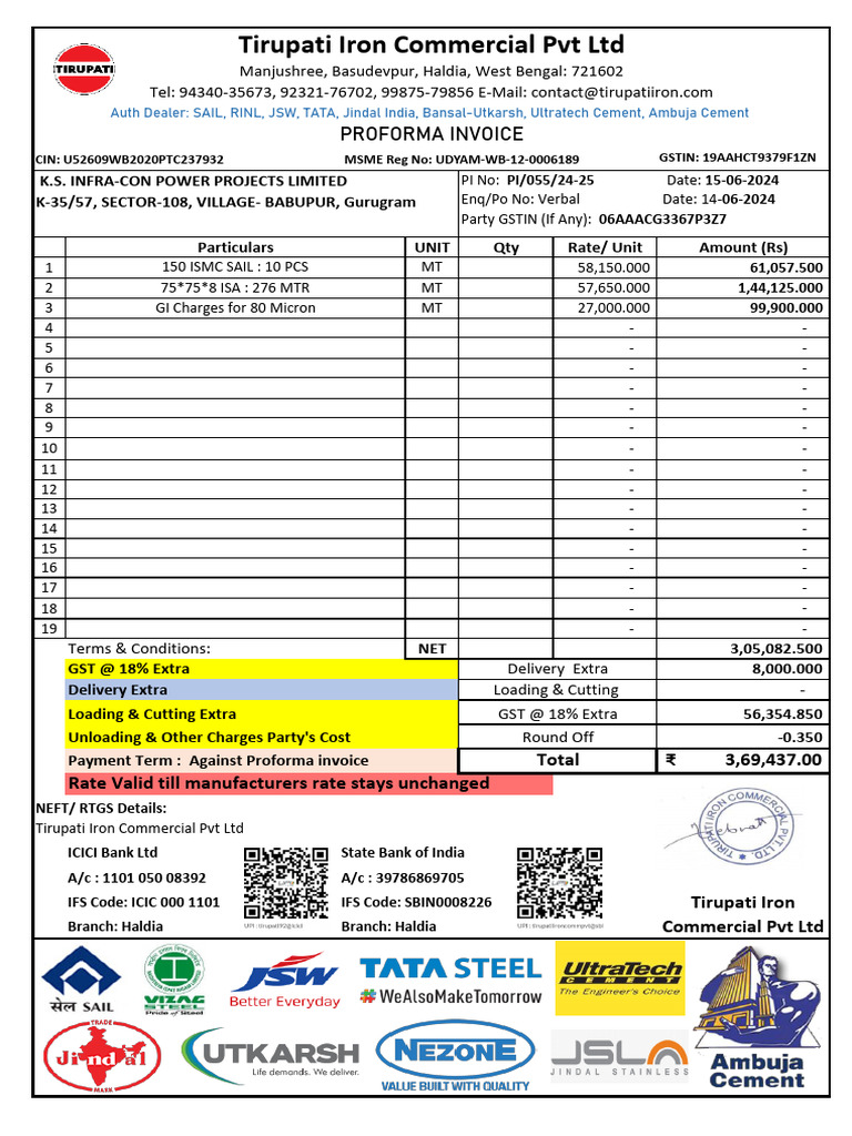 TIC Proforma Invoice K.S. INFRA-CON POWER PROJECTS LIMITED 15-06-2024 | PDF