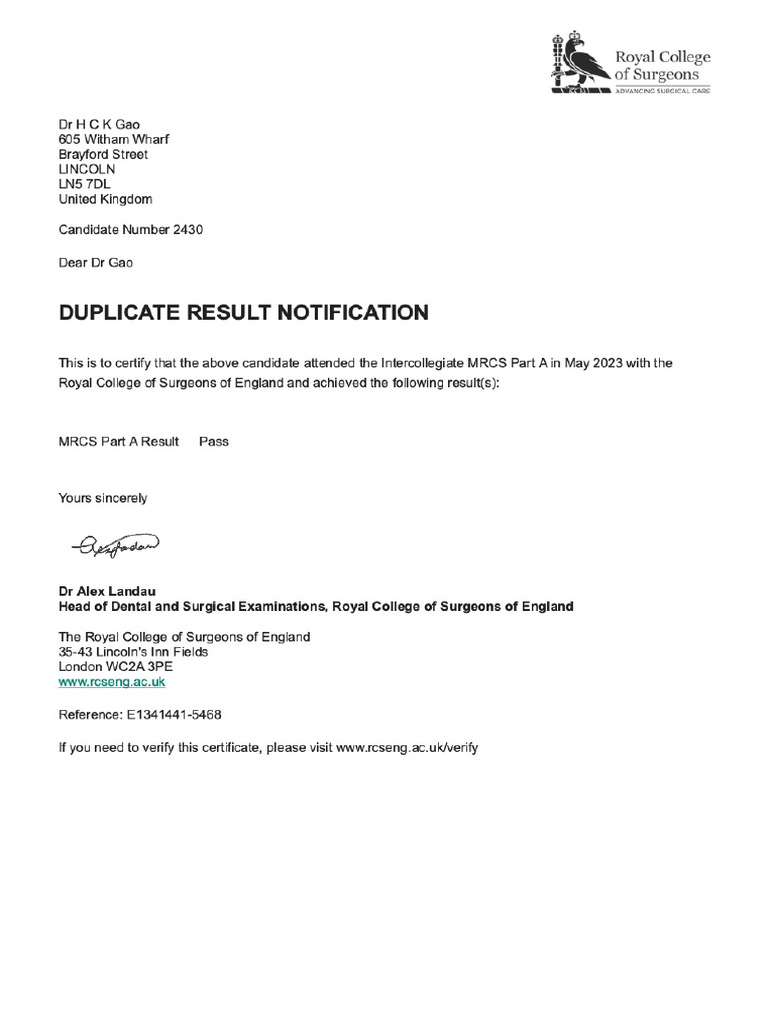 Intercollegiate MRCS Part A Results | PDF