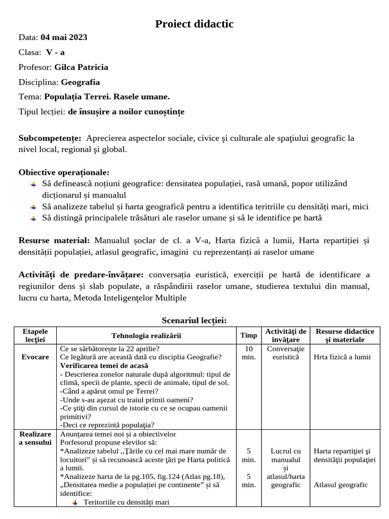 Proiect Didactic Clasa A 5 Populatia Terrei, Lectie Deschisa | PDF