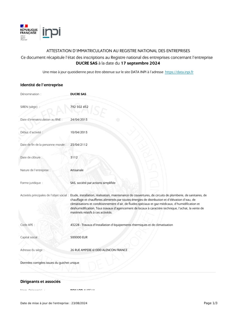 DUCRE SAS - Extrait INPI | PDF