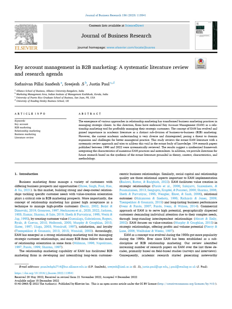 Key Account Management in B2B Marketing A Systematic Literature Review ...