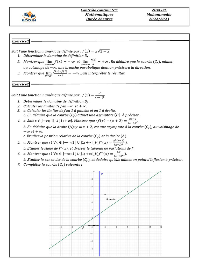 2 Lim Lim + Lim : Contrôle Continu N°1 Mathématiques Durée 2heures 2Bac ...
