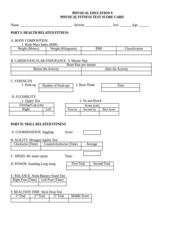 Physical Fitness Test Score Card Peta 1st | PDF