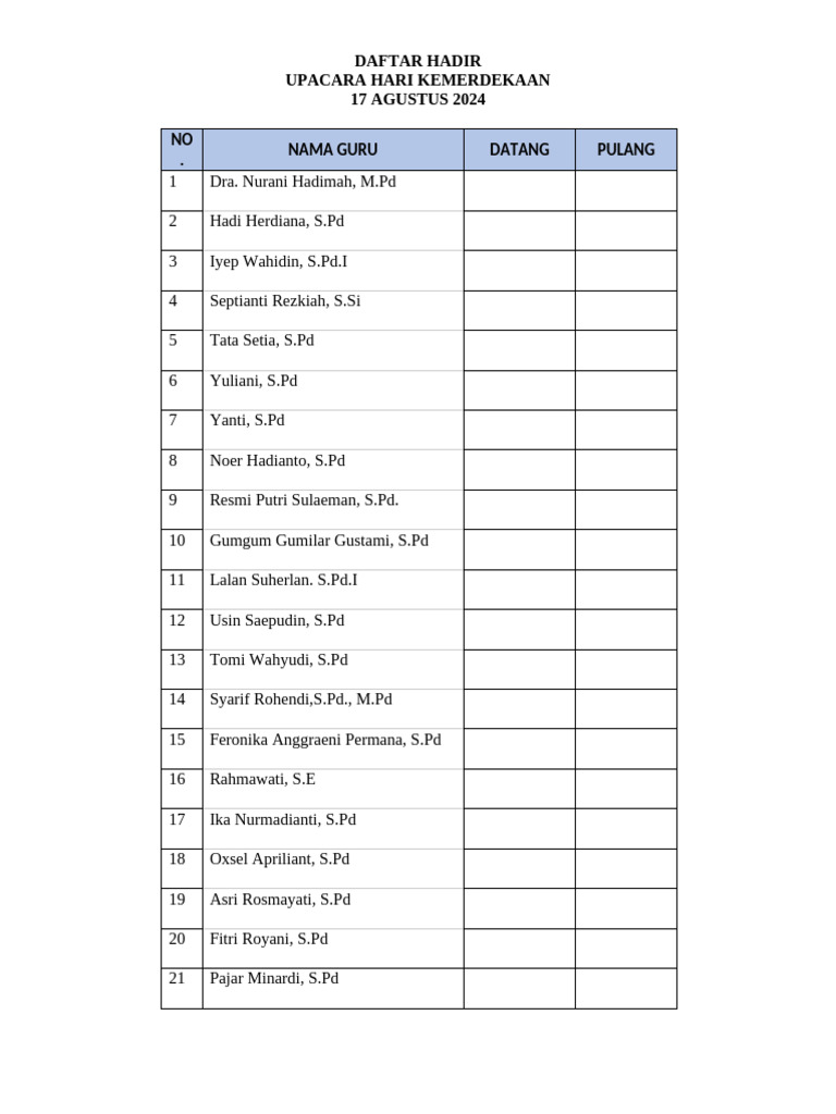 Daftar Hadir Upacara Hari Kemerdekaan Guru | PDF