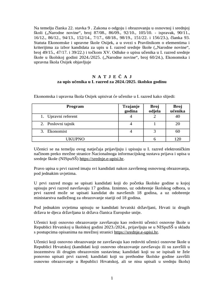 Natjecaj Za Upise 2024 25 | PDF