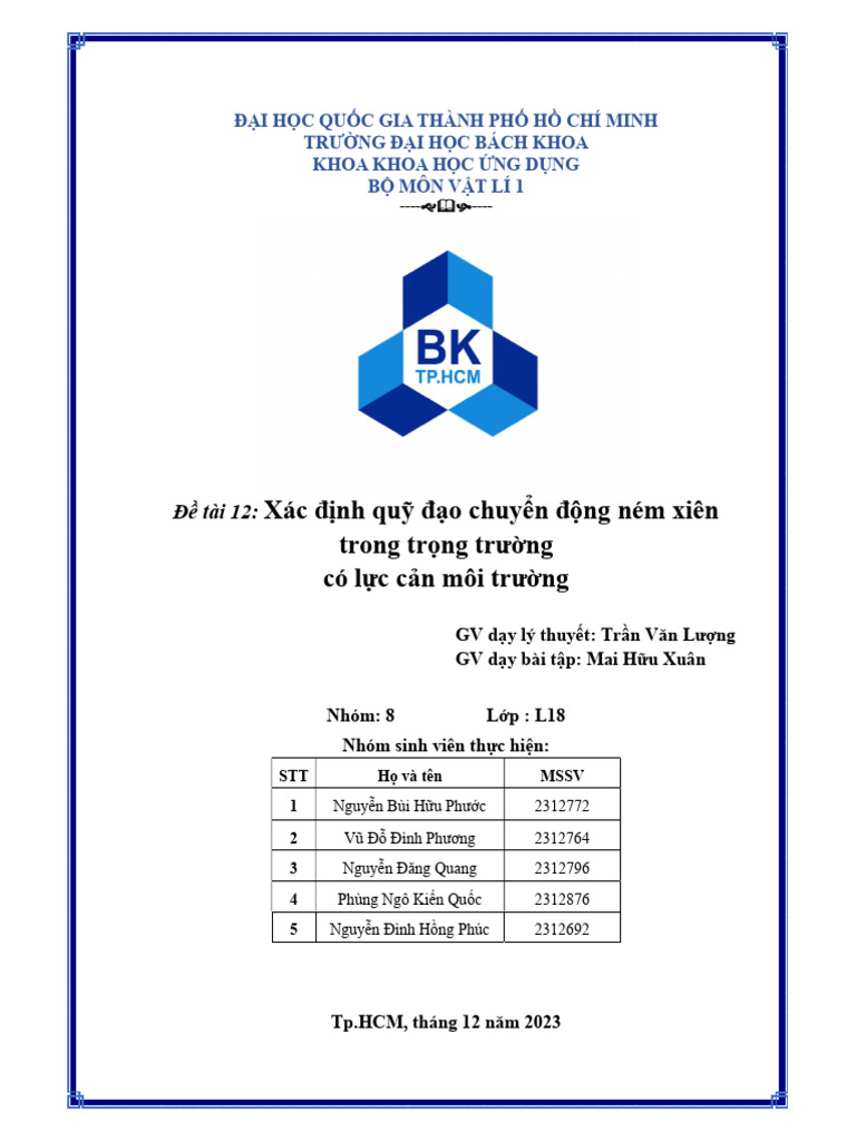 BÁO CÁO VẬT LÝ 1 2023 - L18 - NHÓM 8 | PDF