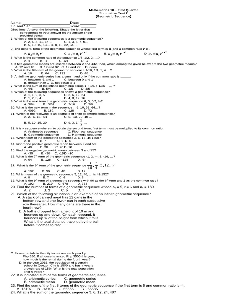 Summative Test 2 - Math Print | PDF