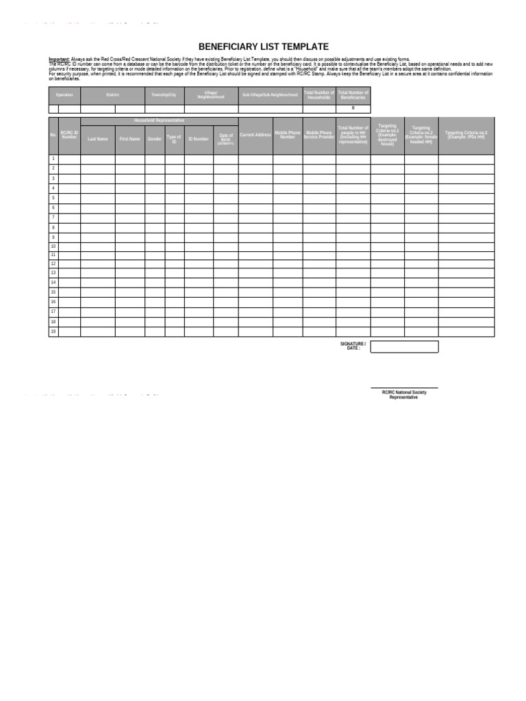 4 1 2 Beneficiary List Template | PDF