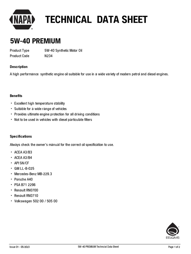 N234 Napa 5W 40 Premium | PDF