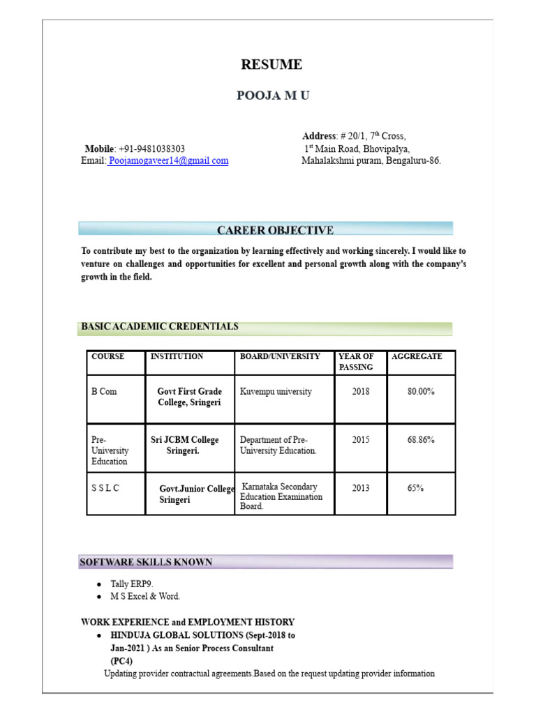 Pooja M U Resume | PDF