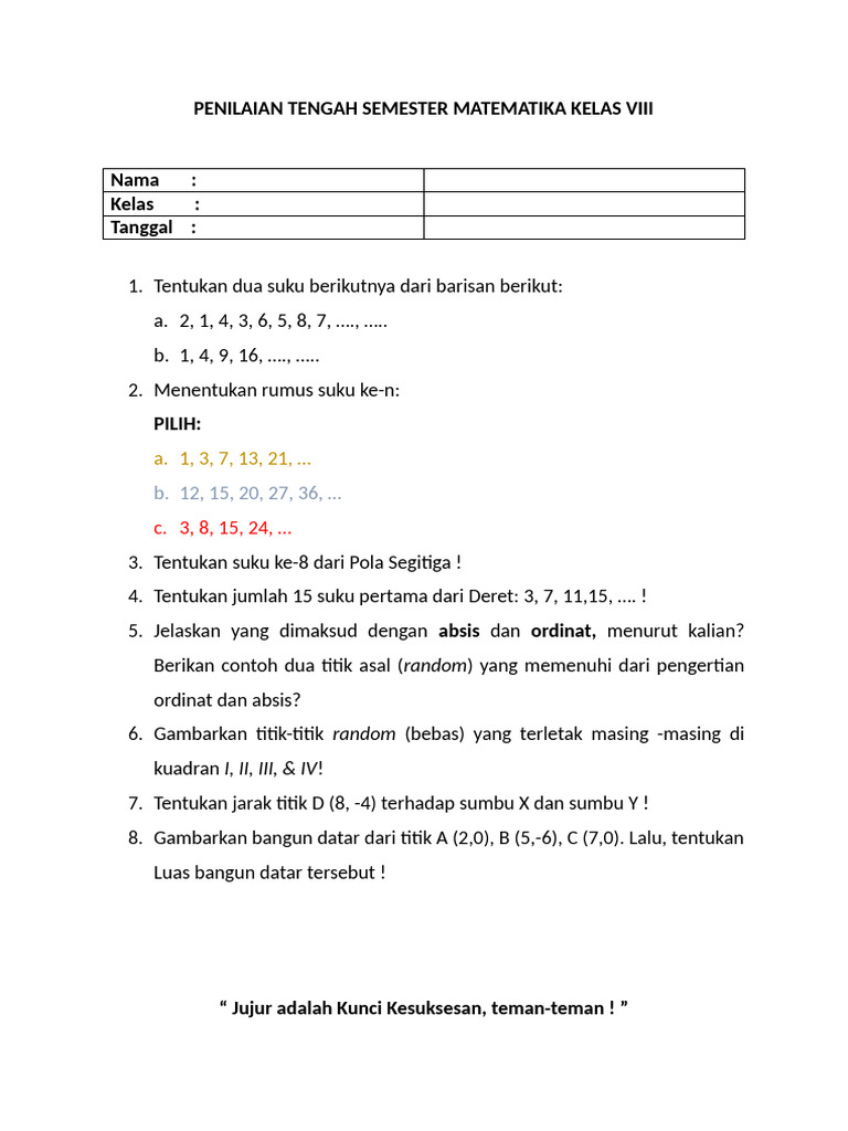 PTS MTK Kelas 8 | PDF