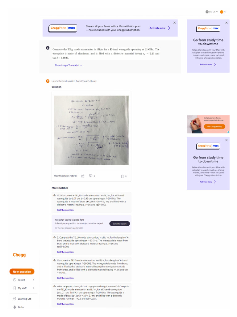 Screencapture Chegg Homework Help Questions and Answers Compute Te10 Mode Attenuation DB M K ...