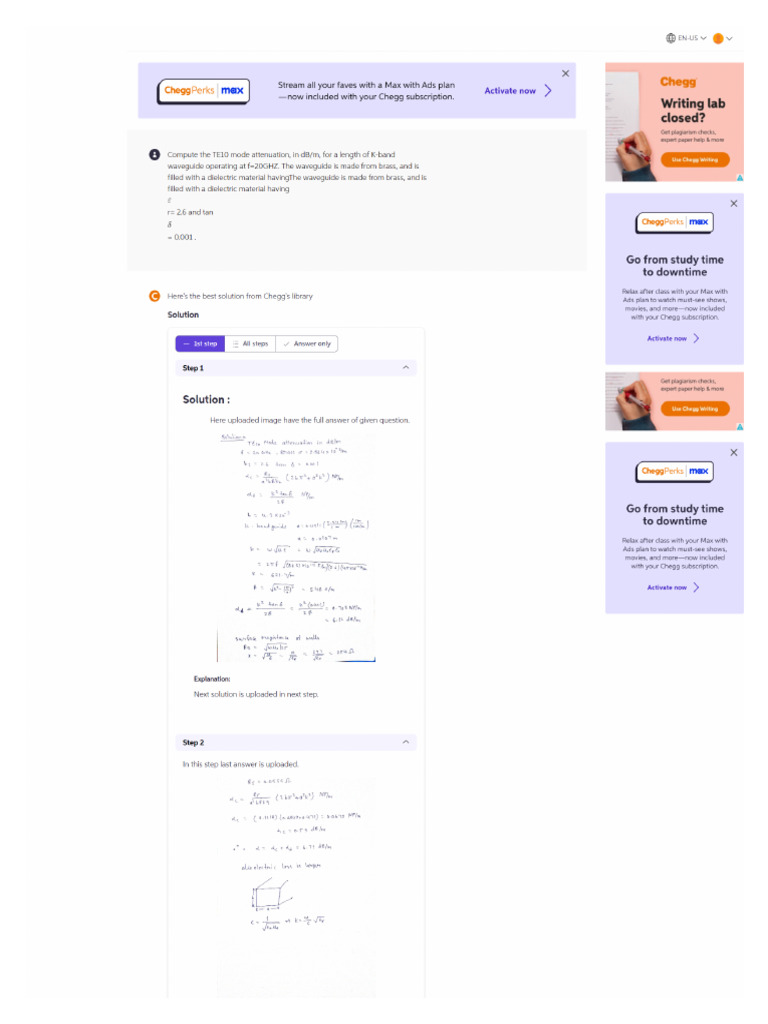 Screencapture Chegg Homework Help Questions and Answers Compute Te10 Mode Attenuation DB M ...