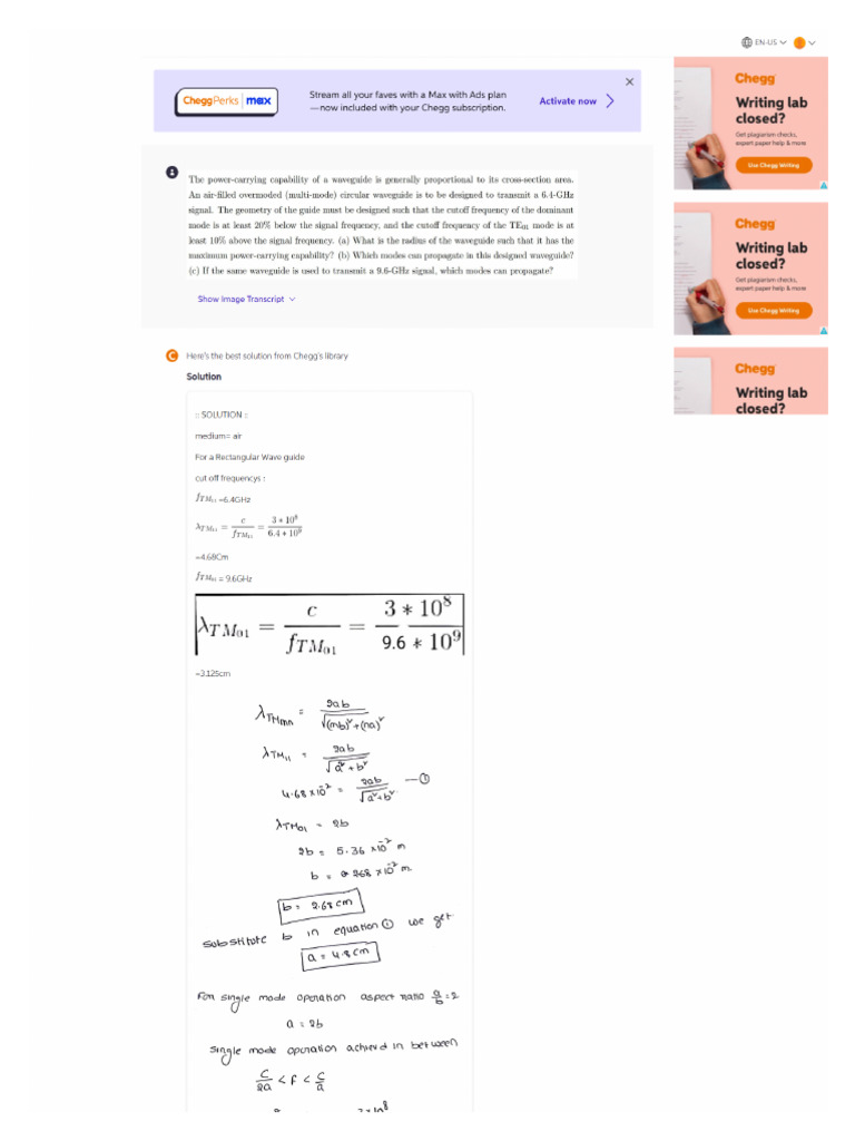 Screencapture Chegg Homework Help Questions and Answers Power Carrying Capability Waveguide ...