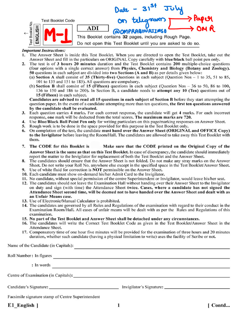 Code M1 Roadmap To Success Mock Test 1 Neetreplica Pdf