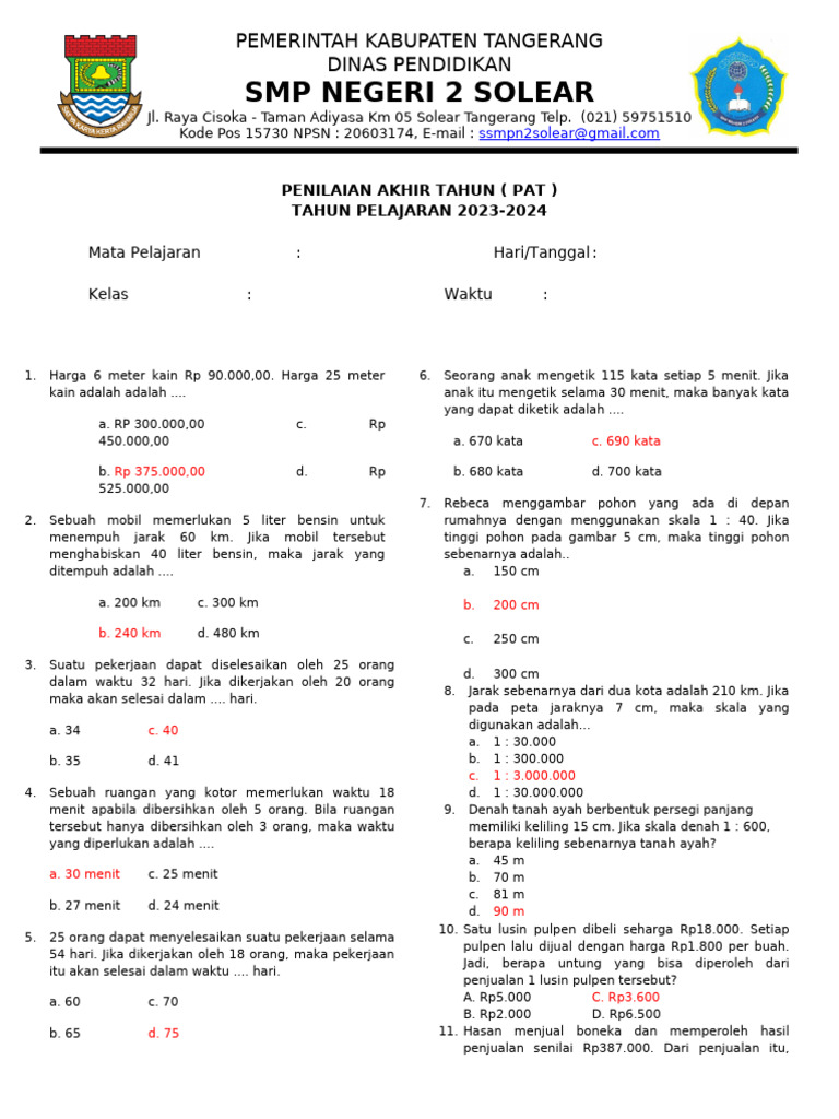Pembahasan MTK Kelas 7 Sem.2 | PDF