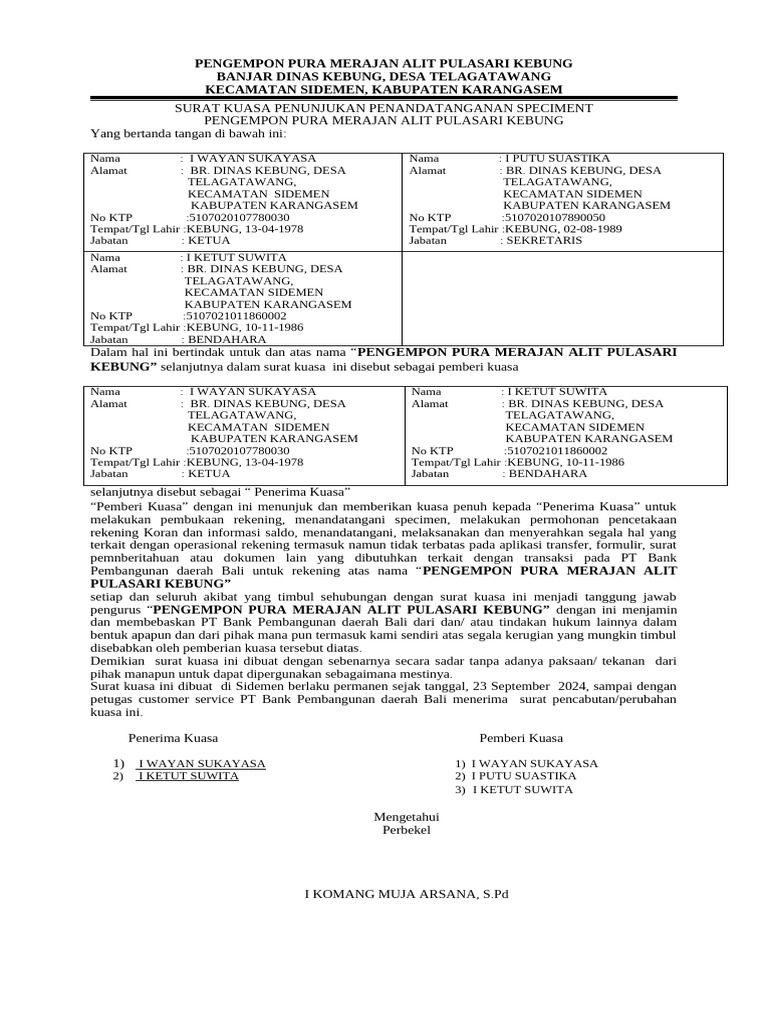 Pengempon Pura Merajan Alit Pulasari Kebung | PDF