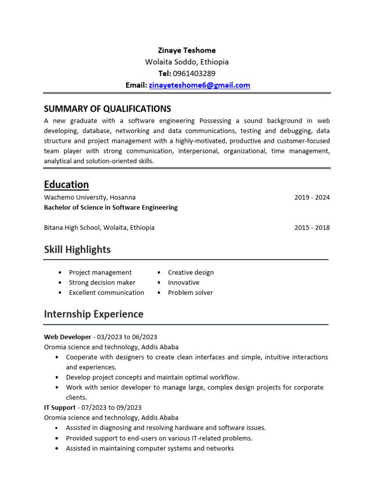 Zinaye Teshome CV PDF | PDF