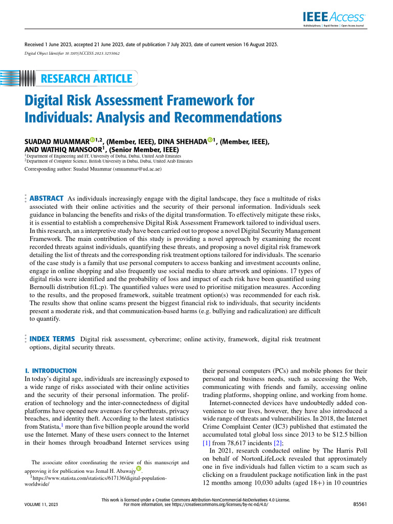 Digital Risk Assessment Framework For Individuals Analysis and ...
