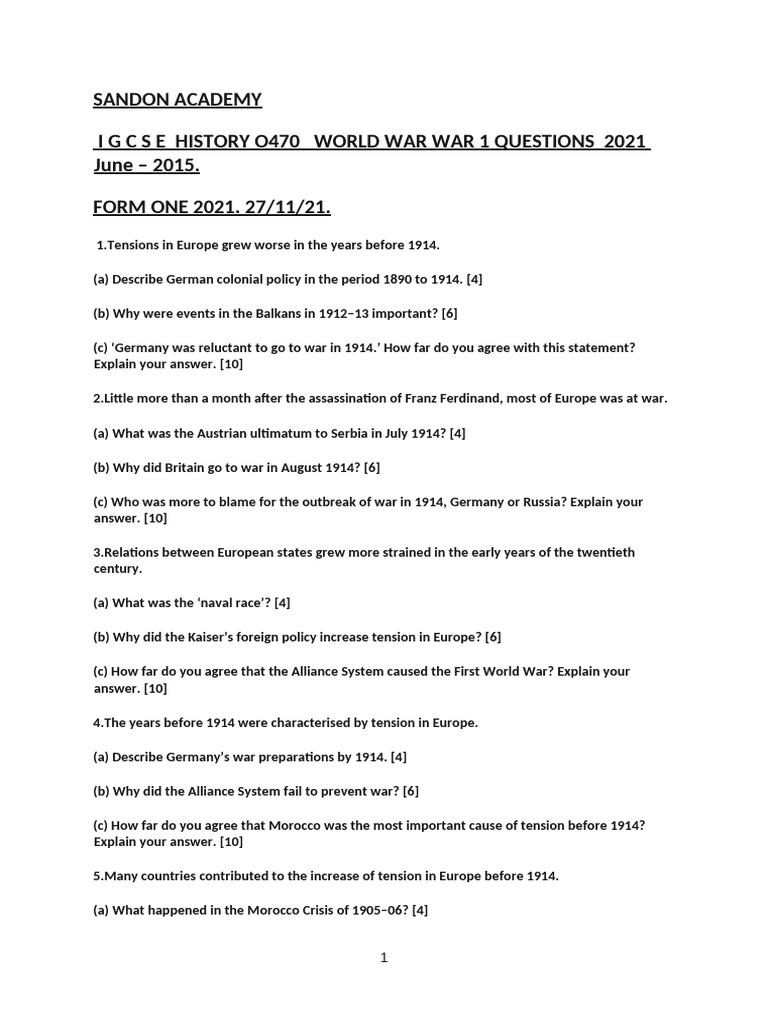 I G C S E HISTORY O470 WORLD WAR WAR 1 QUESTIONS 2021 June | PDF ...