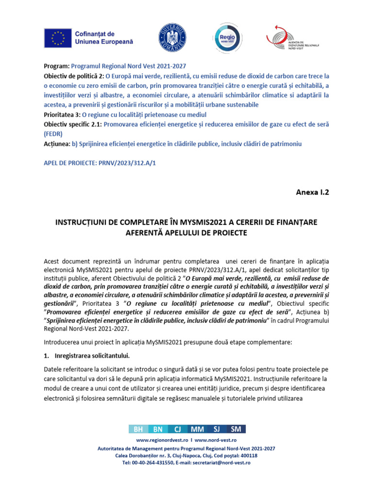 Anexa I.2 - Instructiuni de Completare Ån MySMIS2021 A CF | PDF