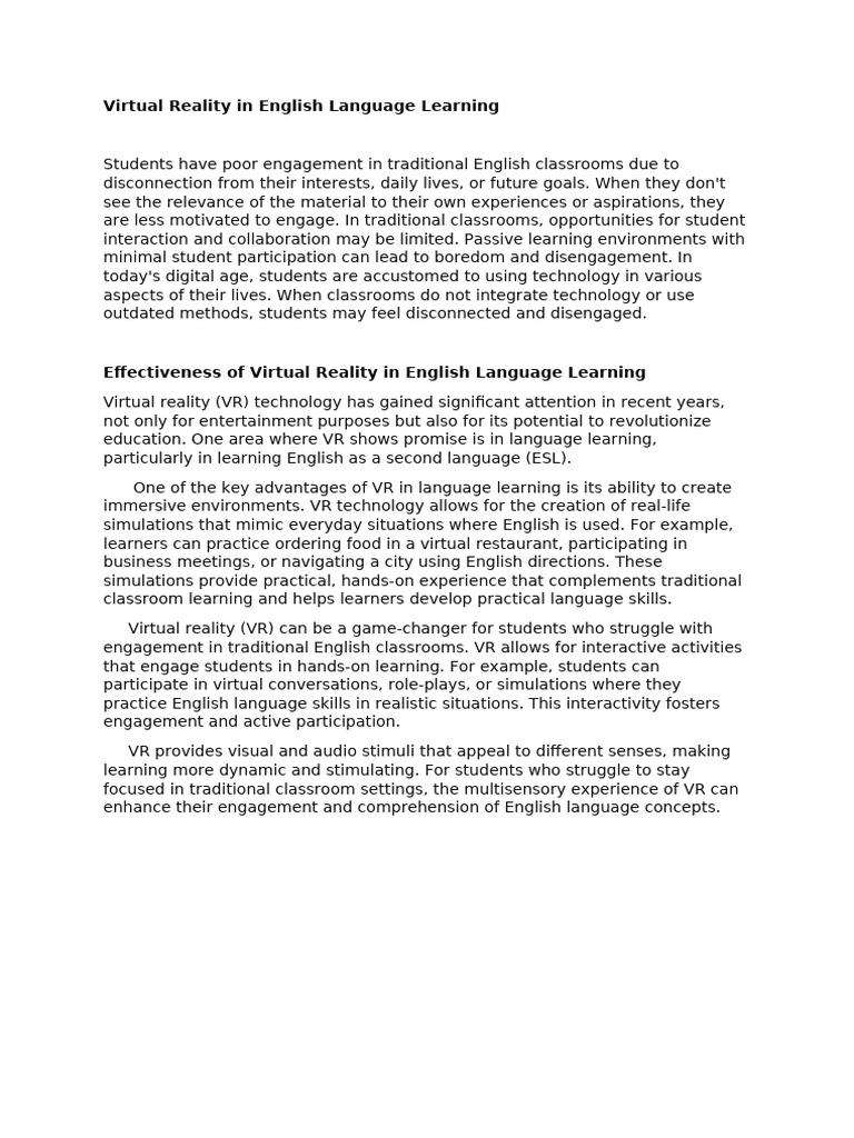 Virtual Reality in English Language Learning | PDF | Foreign Language ...