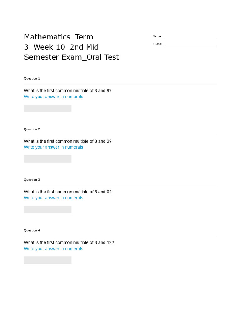 Mathematics - Year 4 - Oral Test | PDF