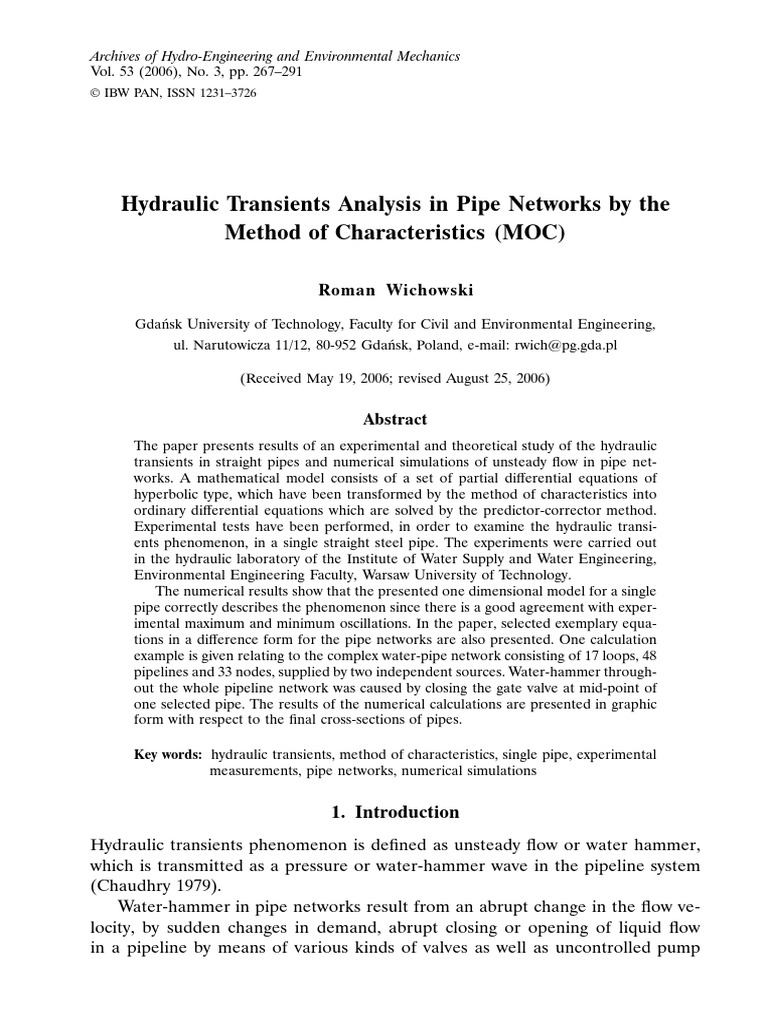 Hydraulic Transients Analysis in Pipe Networks by The Method of Characteristics Moc - 66087 | PDF