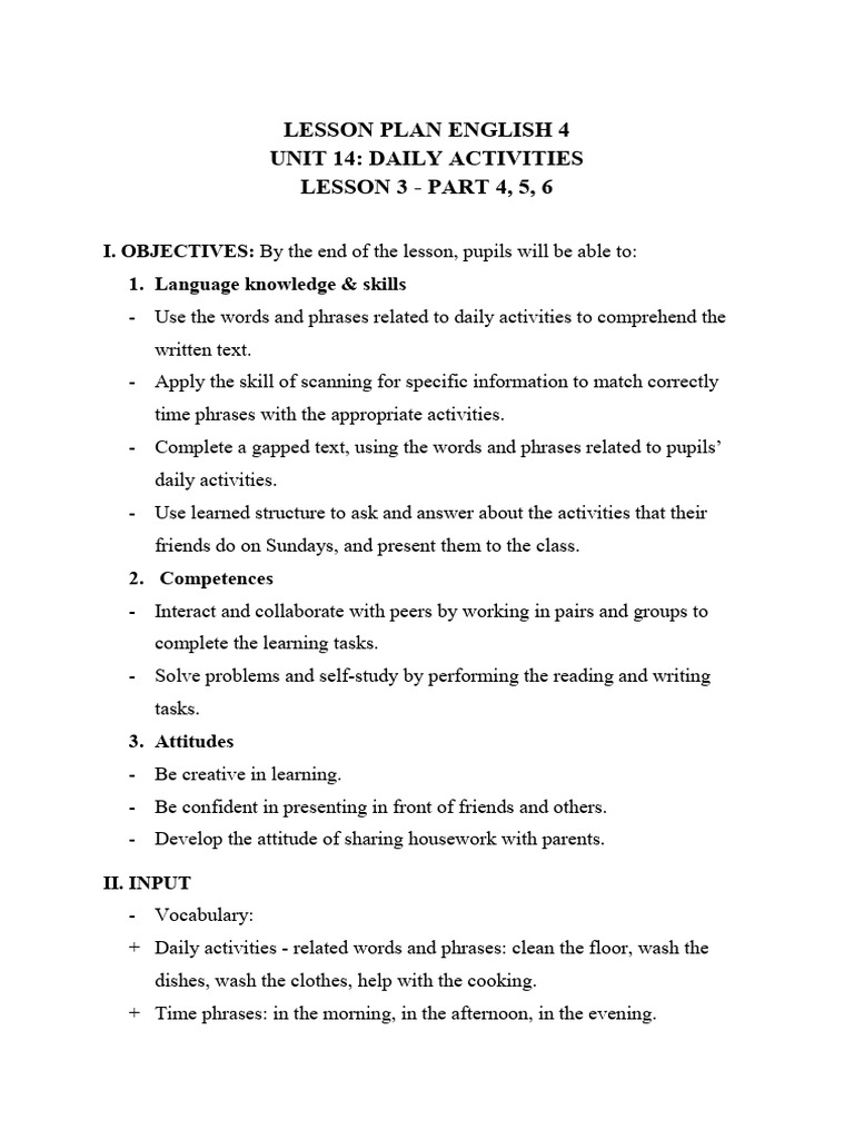 LESSON PLAN ENGLISH 4-Unit 14-Lesson 3 Part 456 | PDF