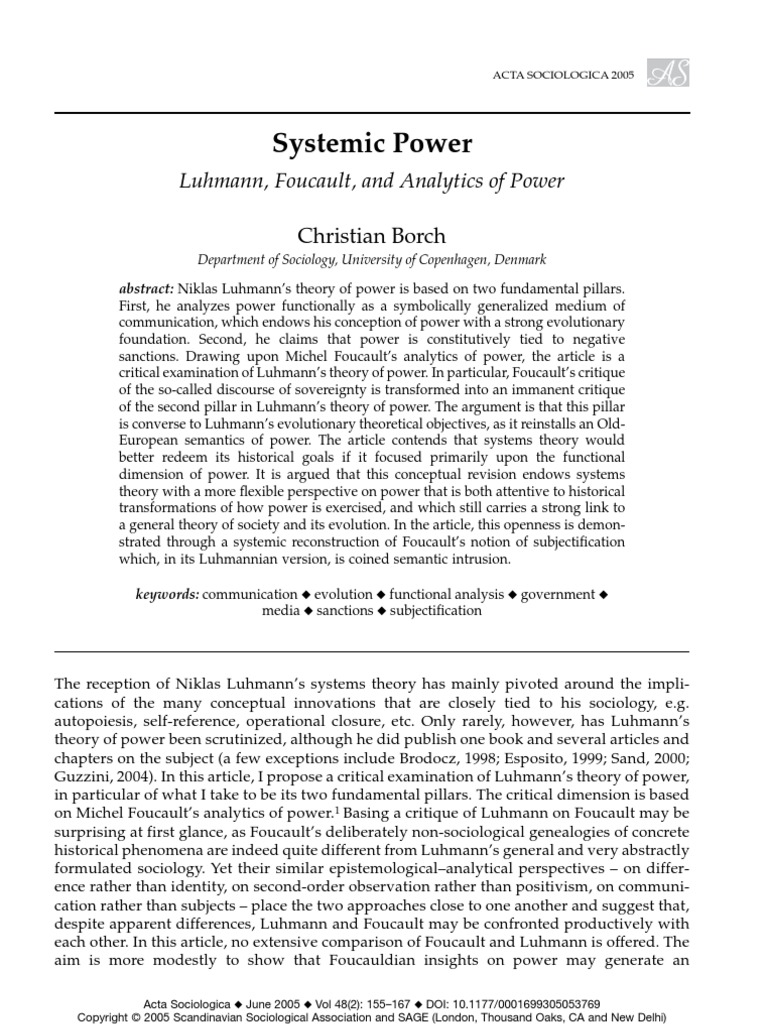 Systemic Power: Luhmann, Foucault, and Analytics of Power | PDF | Power ...