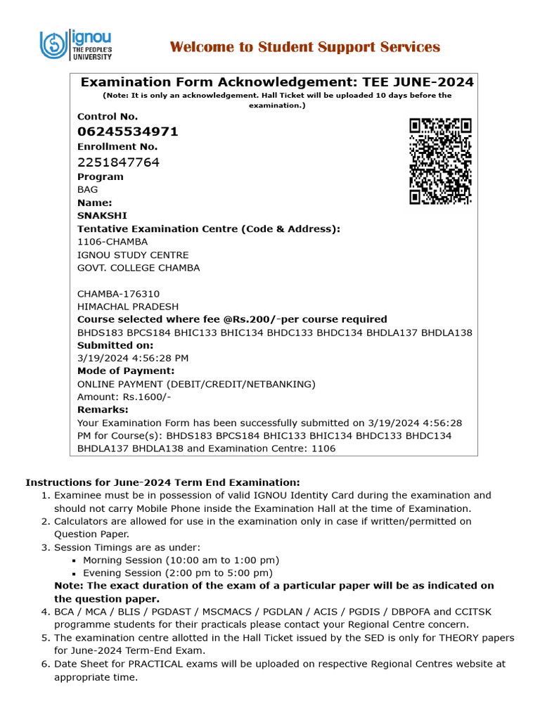 IGNOU__ Examination Form Acknowledgement | PDF