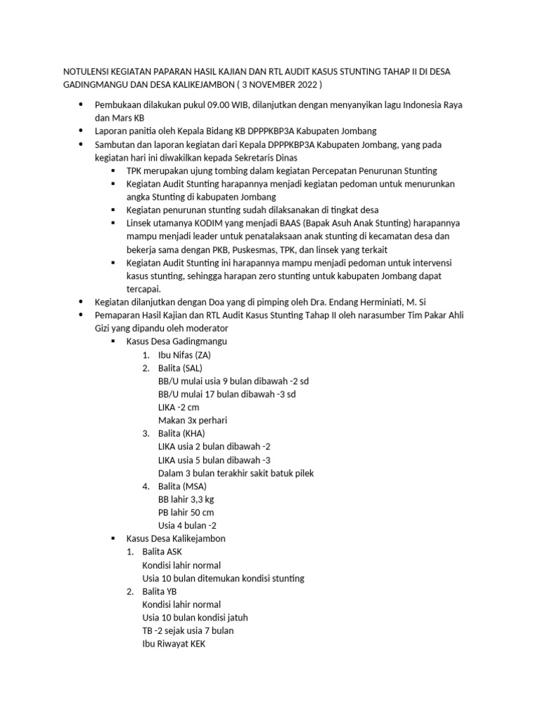 Notulensi Kegiatan Paparan Hasil Kajian Dan RTL Audit Kasus Stunting ...
