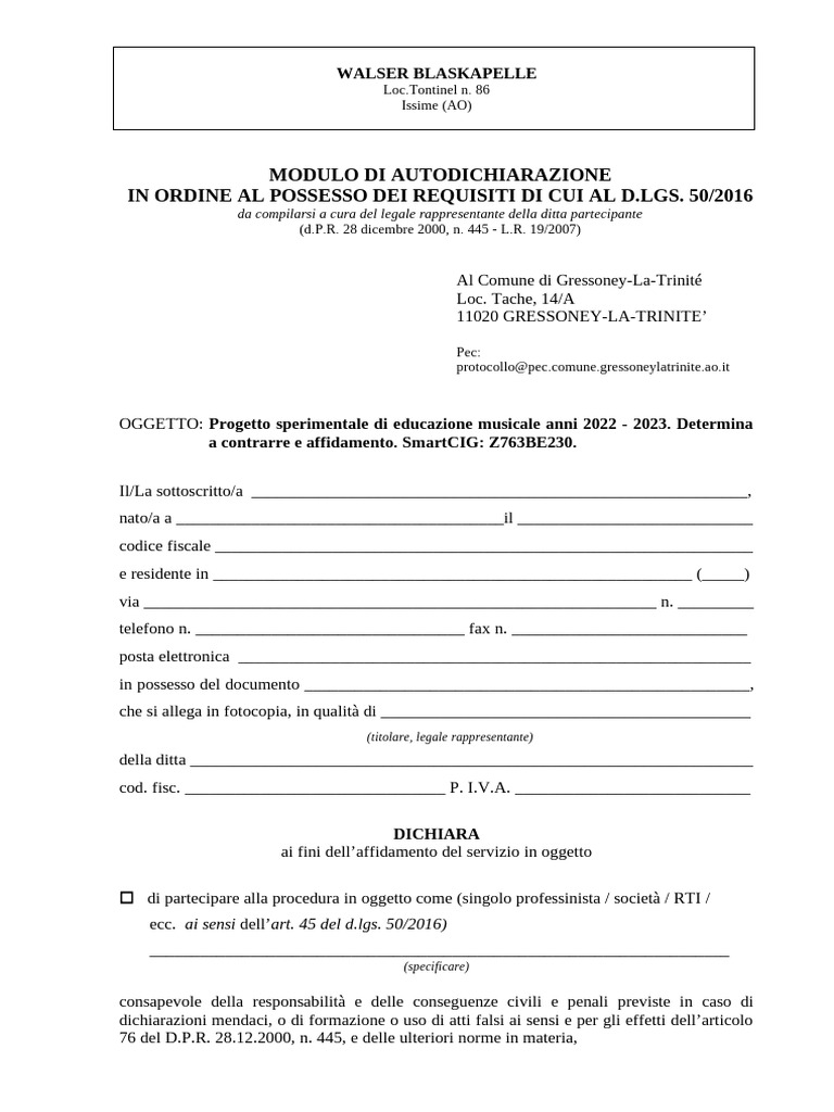 00-Modello Autodichiarazione Requisiti | PDF