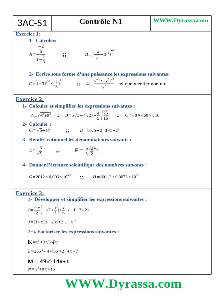 Devoir N1 Semestre 1 Mathematique 3AC Modele Word 2 | PDF