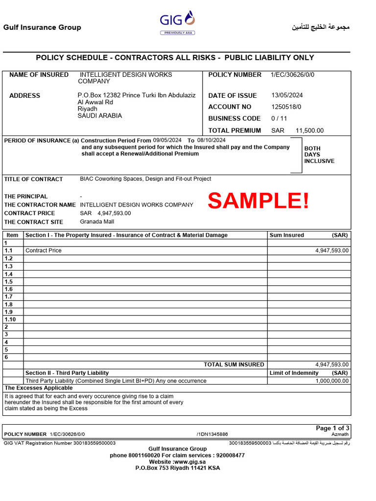 CAR Insurance-GIG-BIAC - SAMPLE | PDF