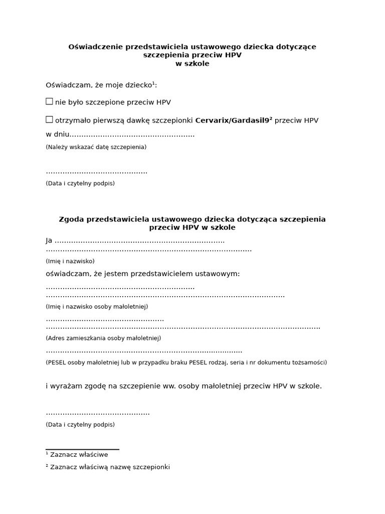 Wzór Oświadczenie I Zgoda Przedstawiciela Ustawowego Dziecka Dotycząca Szczepienia Przeciw HPV W ...