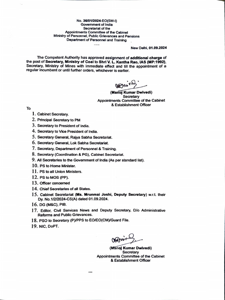 DoPT-Addl Change Coal To Secy Mines | PDF