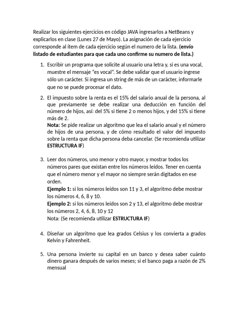 Ejercicios para JAVA | PDF