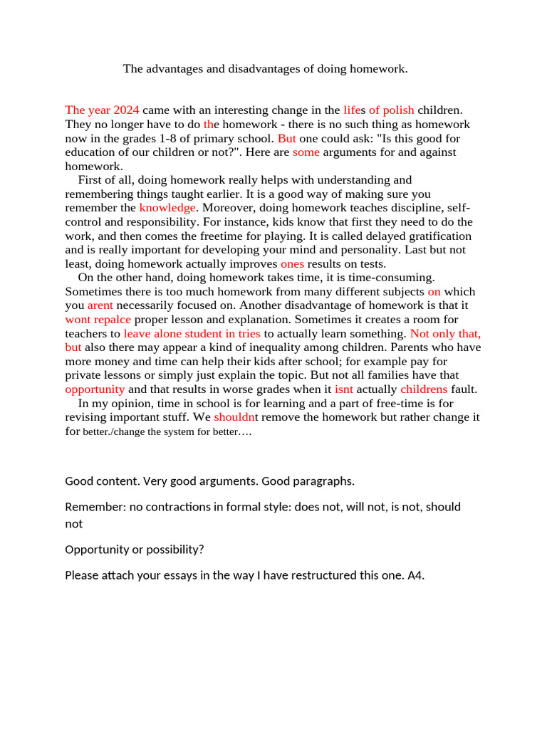 The Advantages and Disadvantages of Doing Homework 2 | PDF