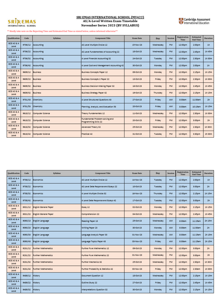 Httpssriemas - Edu.mywp Contentuploads202308Written Exam Timetable November Series 2023 As A ...