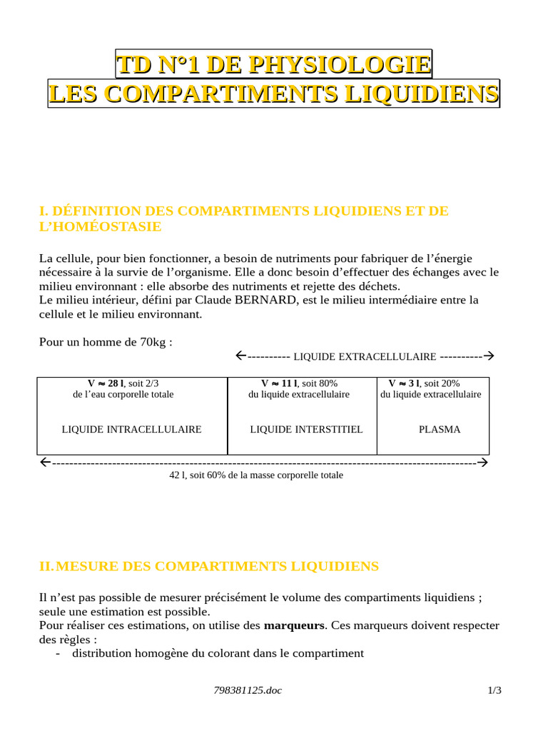 Les compartiments liquidiens (TD 1) | PDF