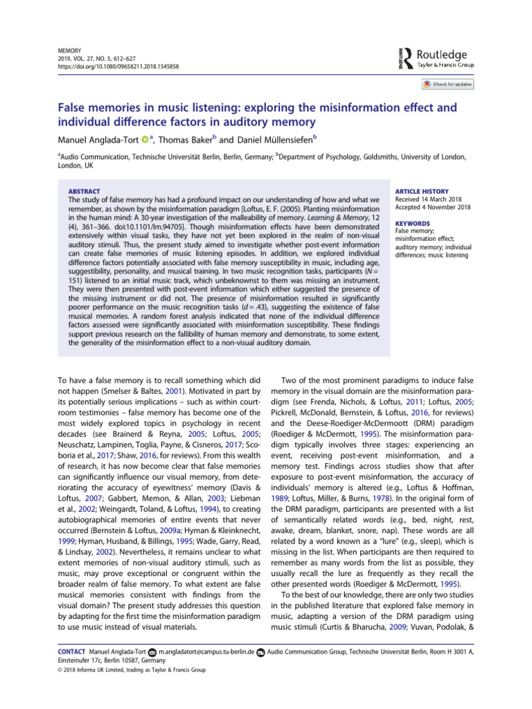 False Memories in Music - Misinformation Effect | PDF