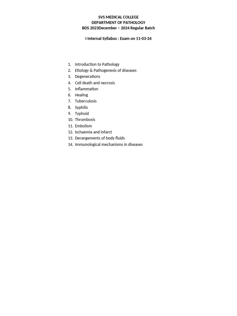 BDS Dec 2023-24 Reg Batch I Internal Syllabus | PDF