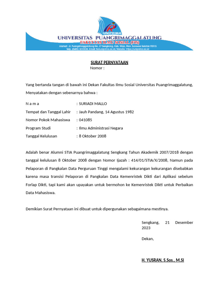 SURAT PERNYATAAN_PERBAIKAN DATA | PDF