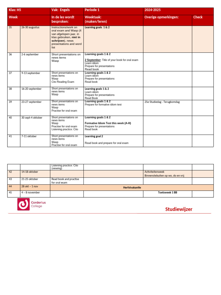 Studiewijzer H5 2024-2025 Periode 1 | PDF