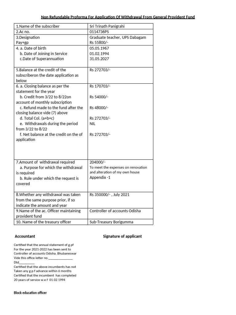 Non Refundable Proforma For Application of Withdrawal From General ...