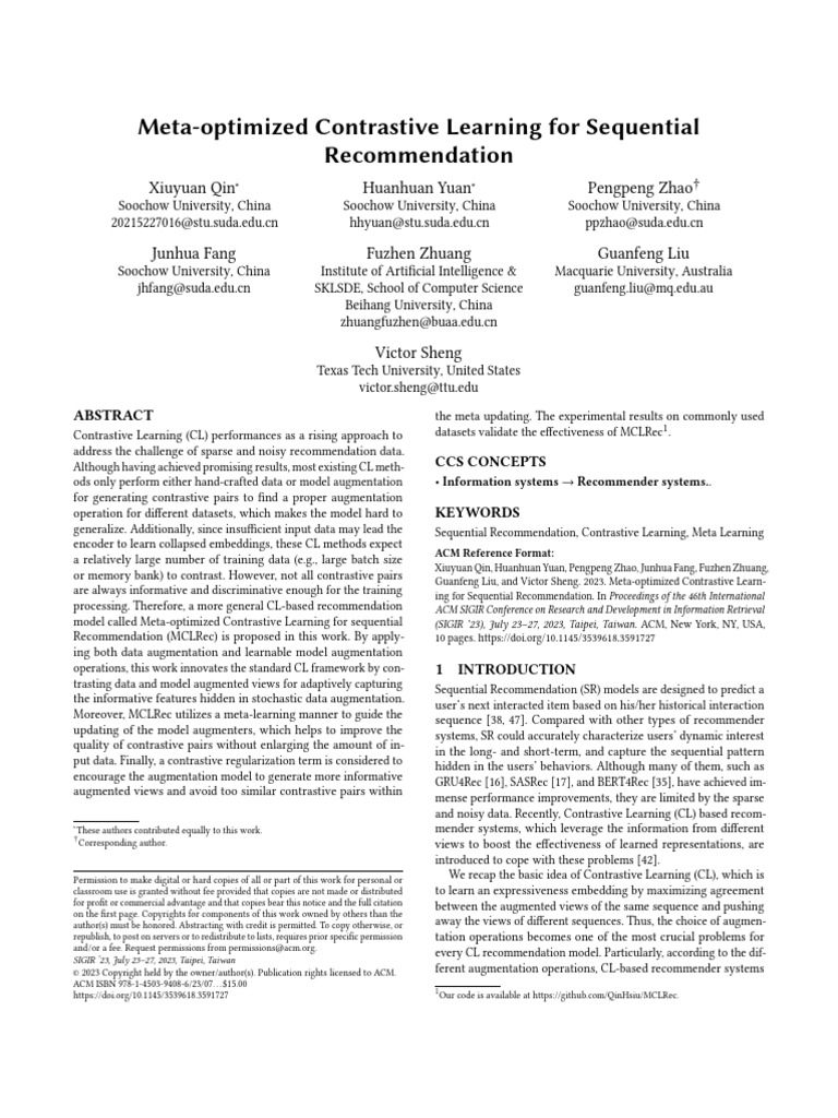 Meta-Optimized Contrastive Learning For Sequential Recommendation | PDF