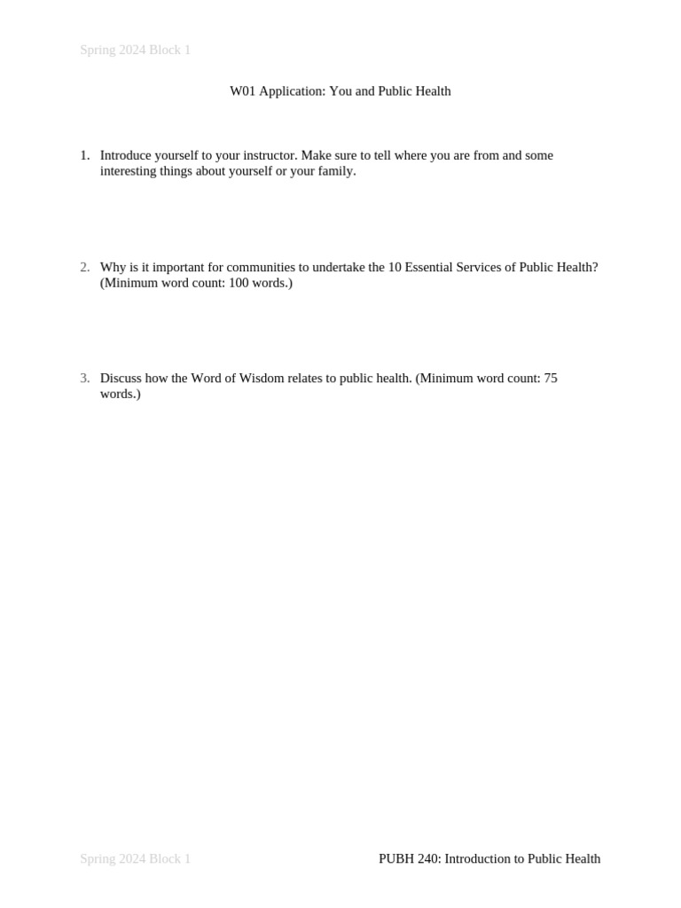 Pubh240 Document W01 Application Assignment Worksheet (1) - 1 | PDF