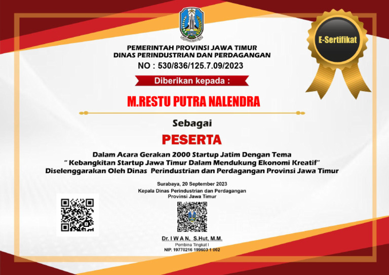 Sertifikat M.RESTU PUTRA NALENDRA | PDF Sertifikat M.RESTU PUTRA NALENDRA | PDF