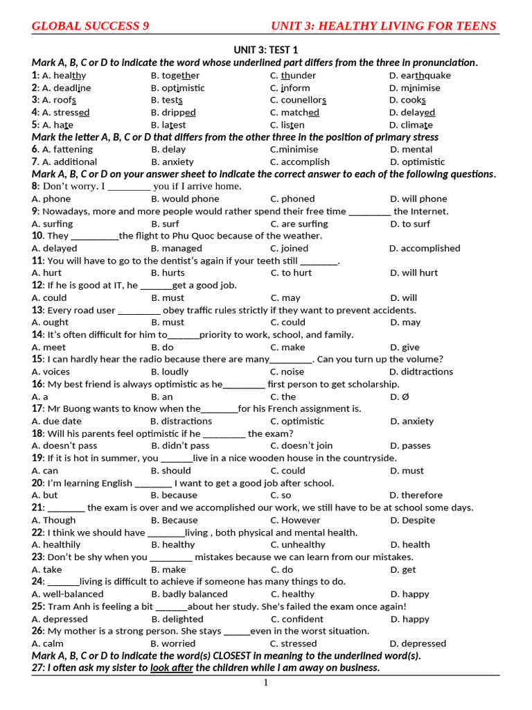Bài Tập Bổ Trợ Global Success 9 UNIT 3 (PRACTICE TEST) | PDF